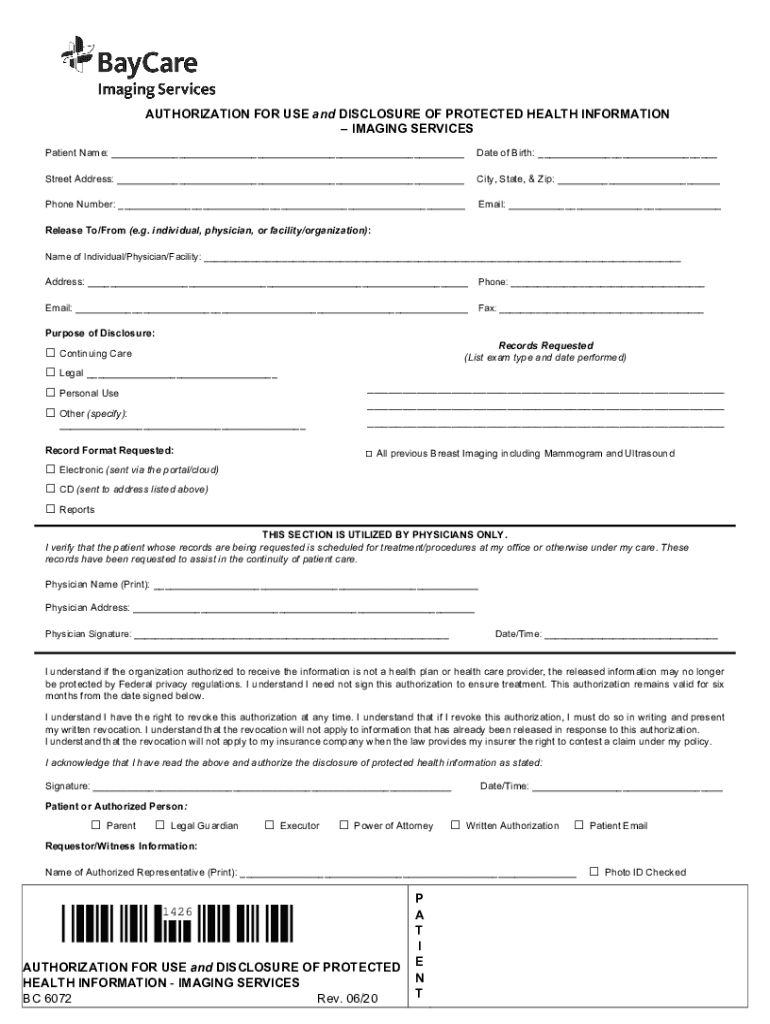 Fillable Online BayCare Imaging Services Authorization for Use and ...