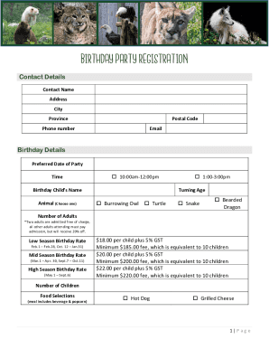 Fillable Online Birthday party registration - bcwildlife.org Fax Email ...