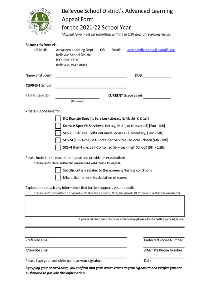 Fillable Online Appeal Form for the 2021-22 School Year - Bellevue ...