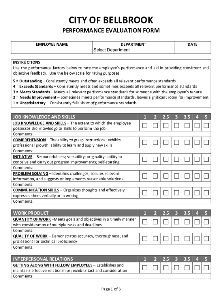 Fillable Online Fillable Employee Performance Evaluation Form Pdf City