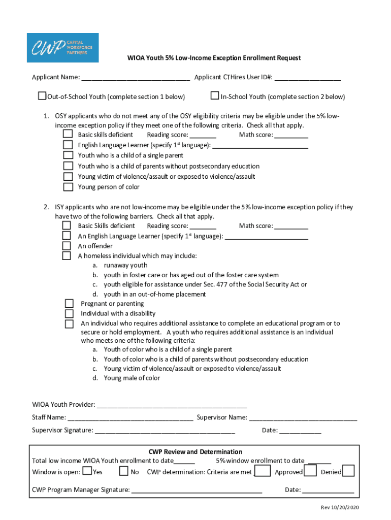 Fillable Online WIOA Youth 5% Low -Income Exception Enrollment Request ...