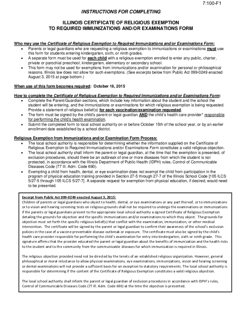 Fillable Online Certificate of Religious Exemption Form - dph.illinois ...