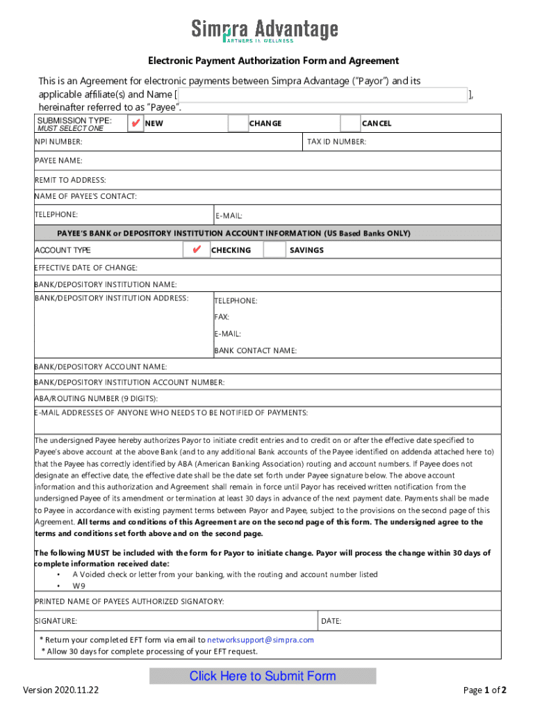Fillable Online Simpra Advantage Electronic Payment Authorization Form ...