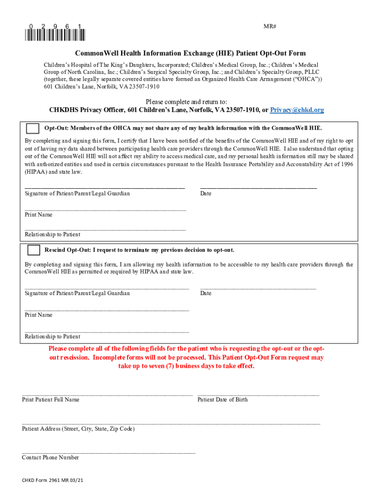 Fillable Online Health Information Exchange Patient Opt-Out Form This ...