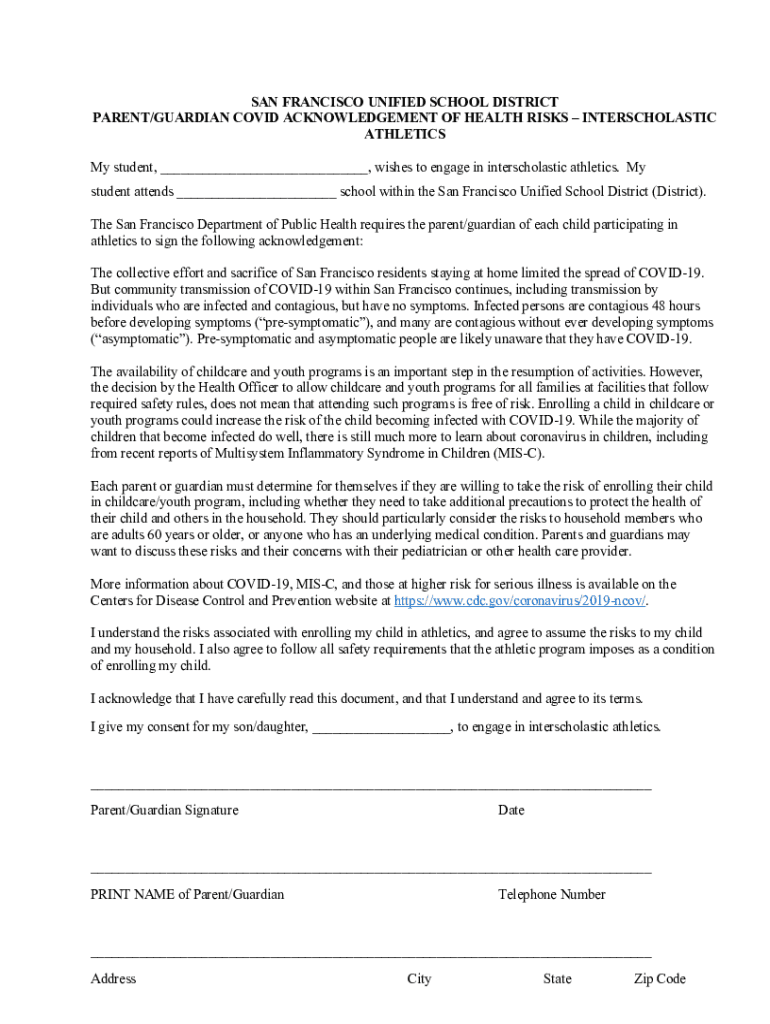 Fillable Online SFUSD - SFDPH Acknowledgement Form For Athletics Fax ...