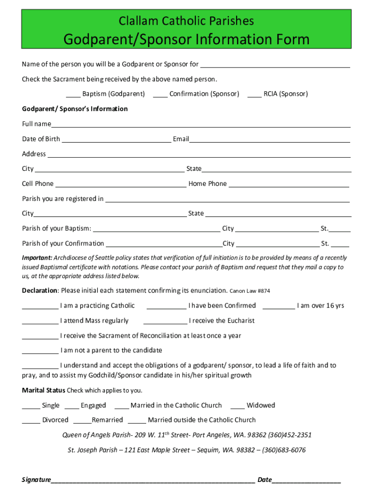Fillable Online Fillable Online Godparent/Sponsor Information Form ...
