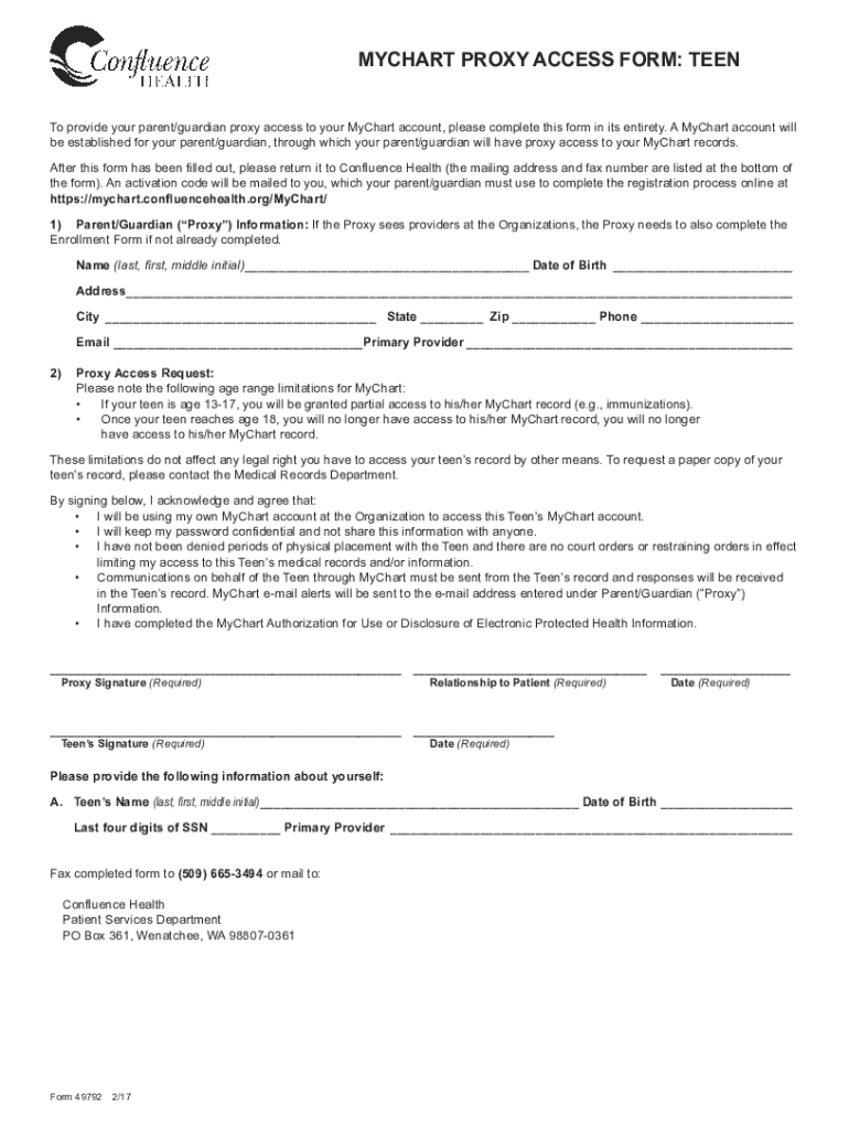 Fillable Online MYCHART PROXY ACCESS FORM: TEEN Fax Email Print - pdfFiller
