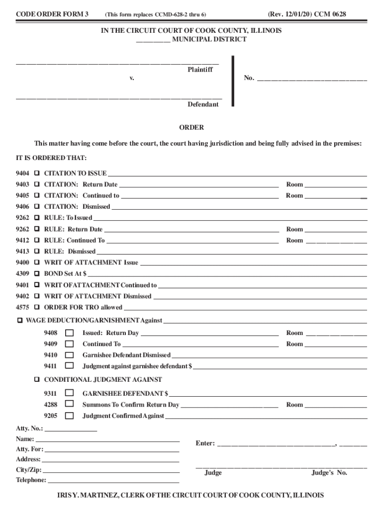 Fillable Online services cookcountyclerkofcourt CODE ORDER FORM 3 (This ...