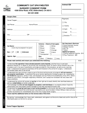 Fillable Online COMMUNITY CAT SPAY/NEUTER Animal ID# SURGERY CONSENT ...