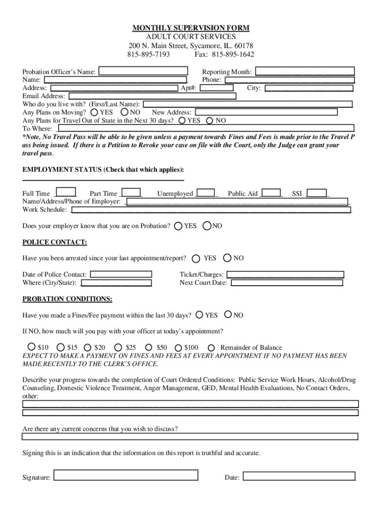 Fillable Online Monthly Supervision Form Fax Email Print - pdfFiller