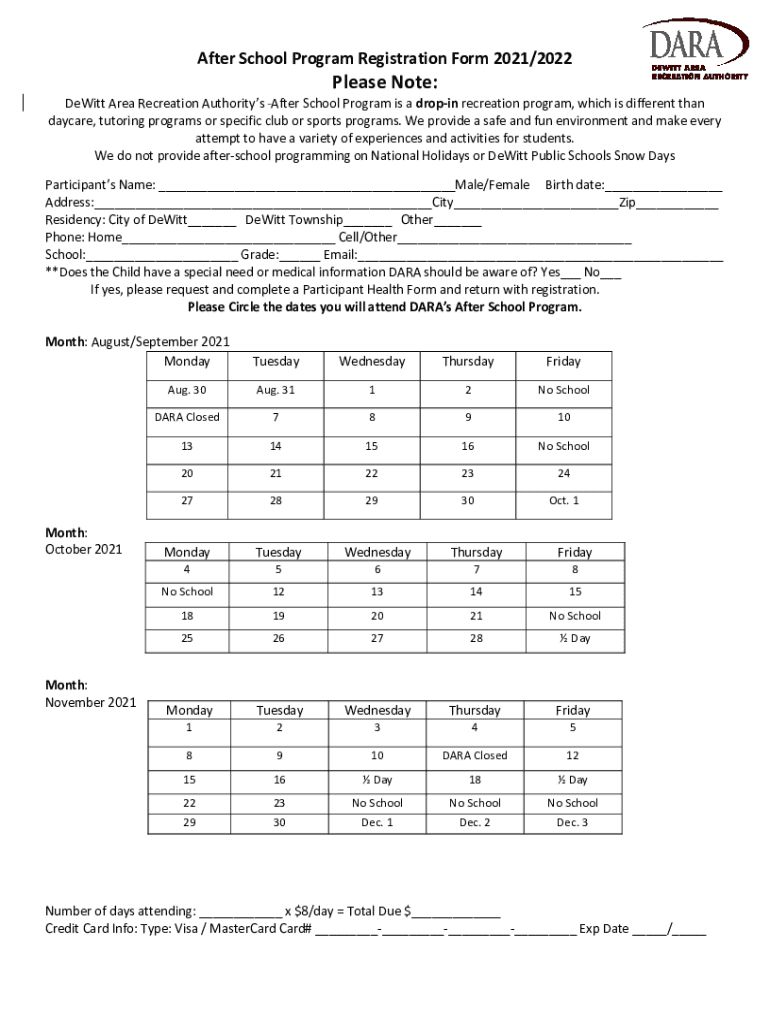 Fillable Online After School Program Registration Form - ocof.net Fax ...