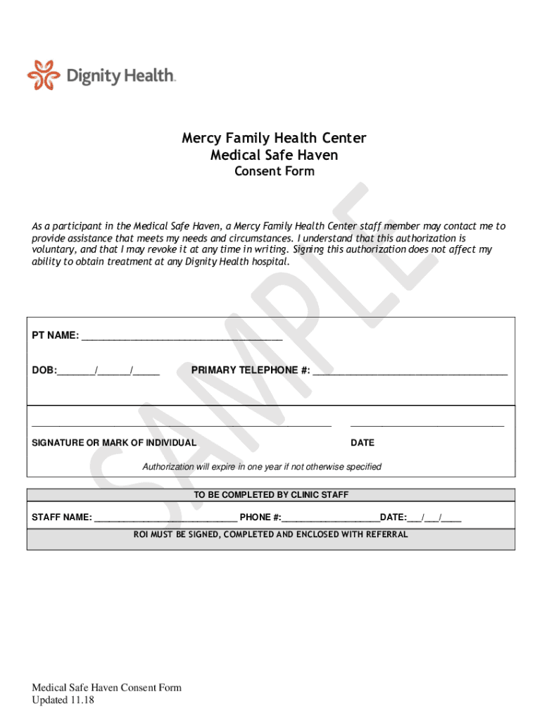 Fillable Online Mercy Family Health Center Medical Safe Haven Consent ...