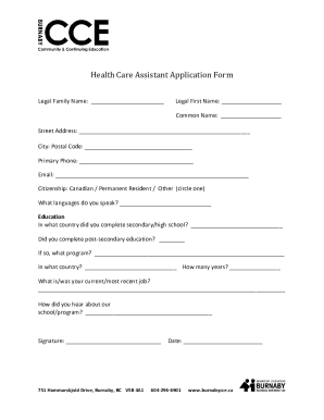 Fillable Online Health Care Assistant Application Form - burnabycce.ca ...