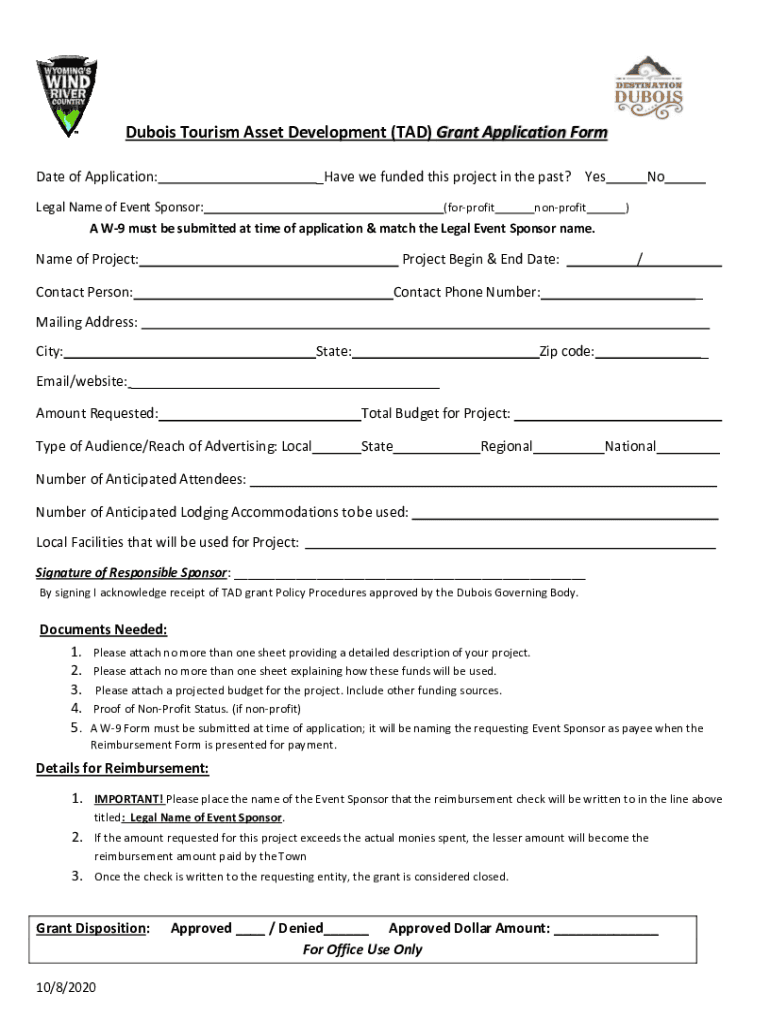 Fillable Online Dubois Tourism Asset Development (TAD) Grant ...