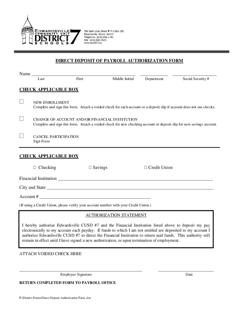 Fillable Online Get the free DIRECT DEPOSIT OF PAYROLL AUTHORIZATION ...