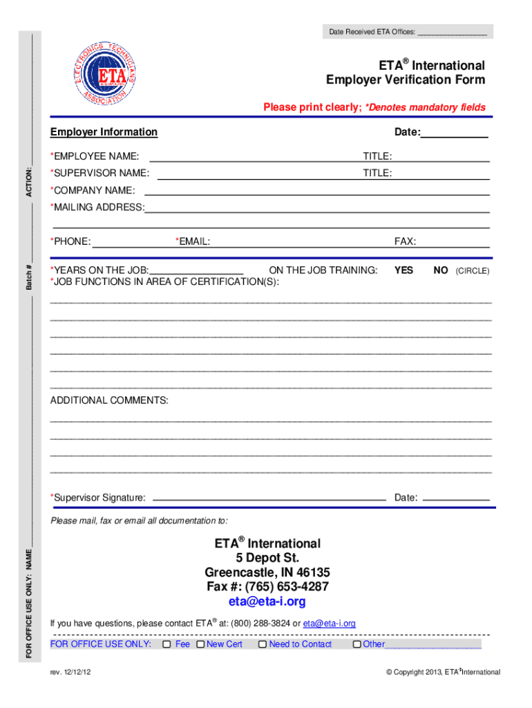 Fillable Online ETA International Employer Verification Form Fax Email ...