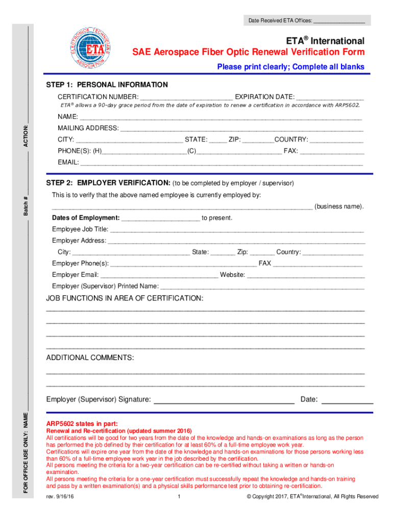 Fillable Online ETA SAE Aerospace Fiber Optic Renewal Verification Form ...