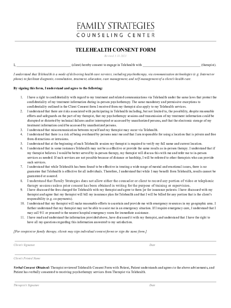 Fillable Online Telehealth Consent Form - familystrategies.org Fax ...