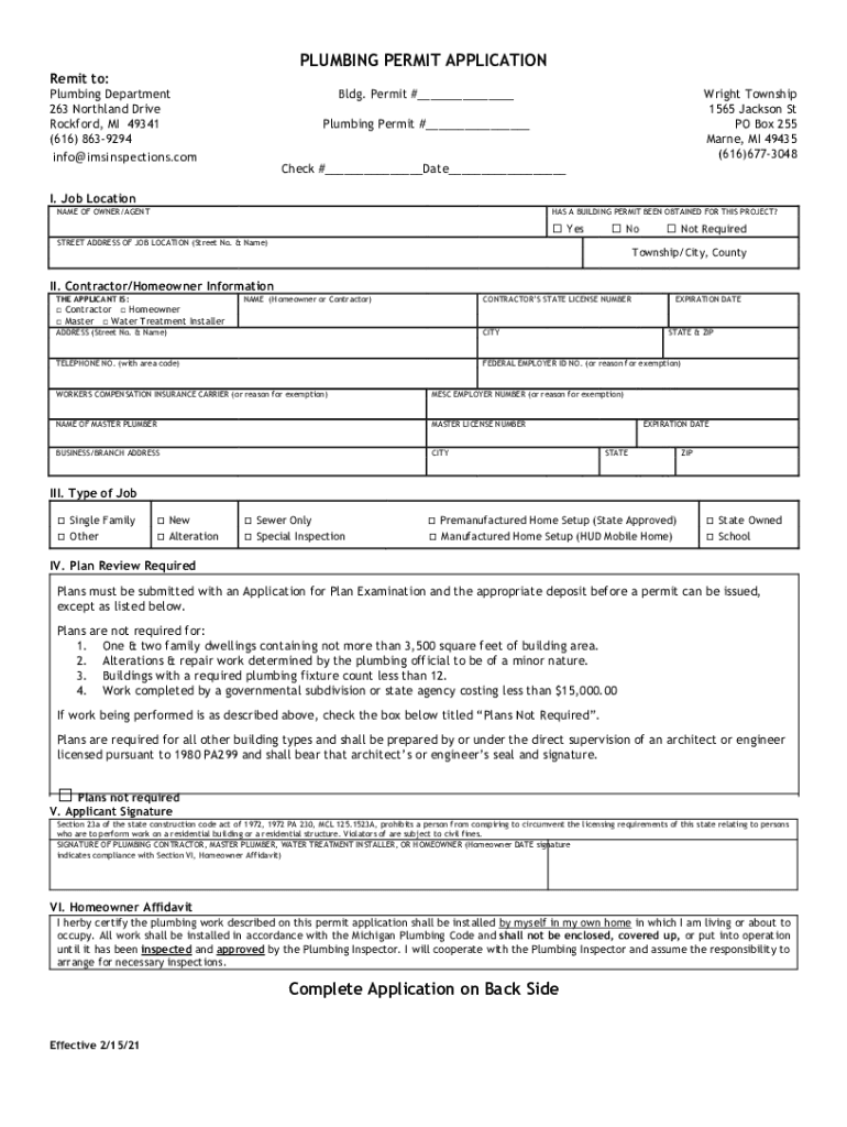 Fillable Online Fillable Online PLUMBING PERMIT APPLICATION1 - robinson ...