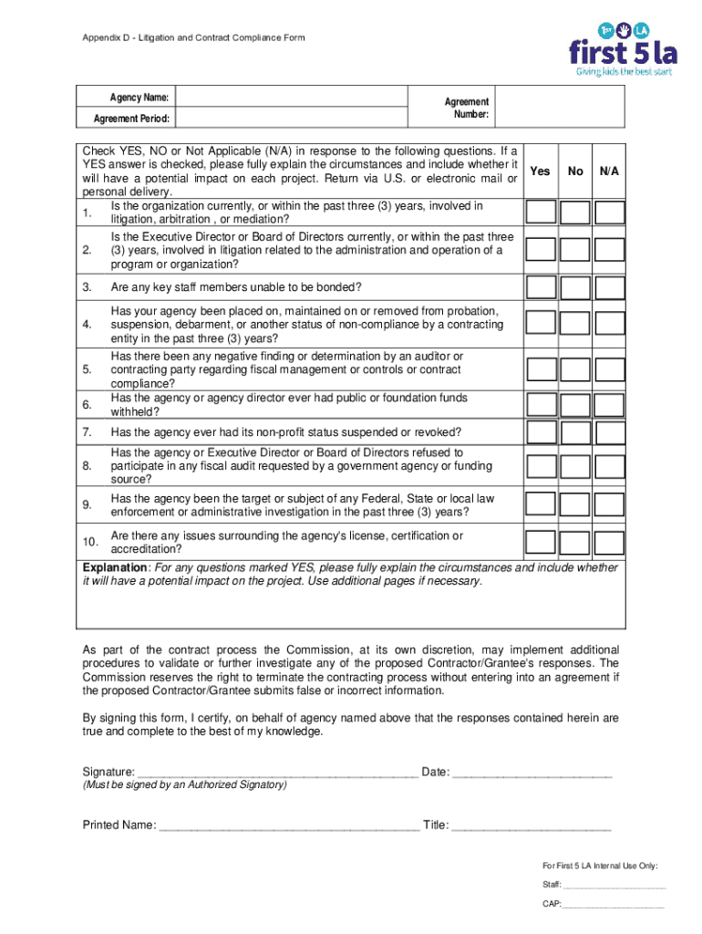 Fillable Online Appendix D - Litigation and Contract Compliance Form ...