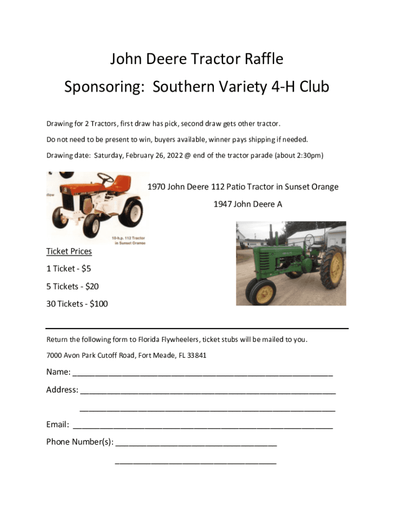 Fillable Online John Deere Tractor Raffle Sponsoring: Southern Variety ...