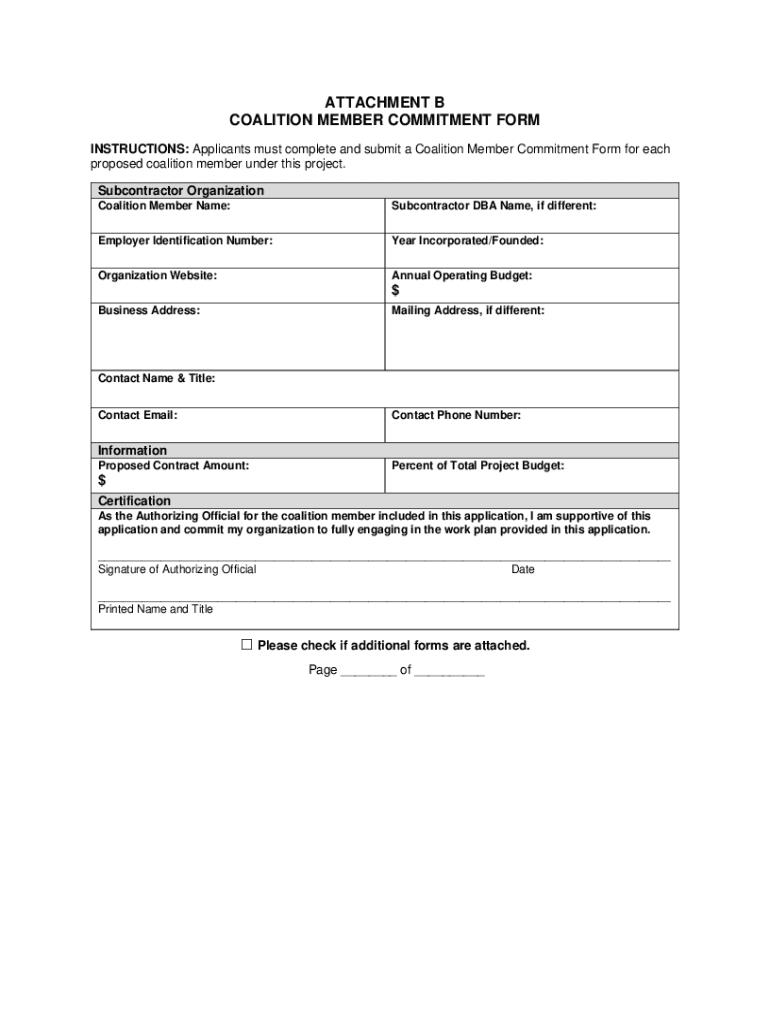 Fillable Online ATTACHMENT B COALITION MEMBER COMMITMENT FORM Fax Email ...