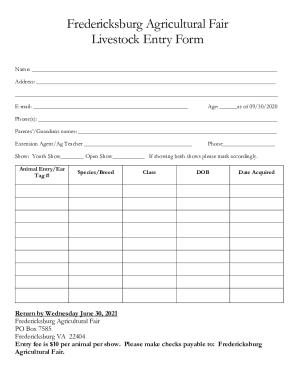 Fillable Online Fredericksburg Agricultural Fair Livestock Entry Form ...