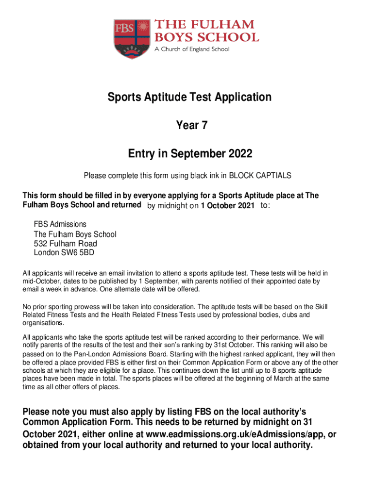 Fillable Online Sports Aptitude Test Application Year 7 Entry in ...