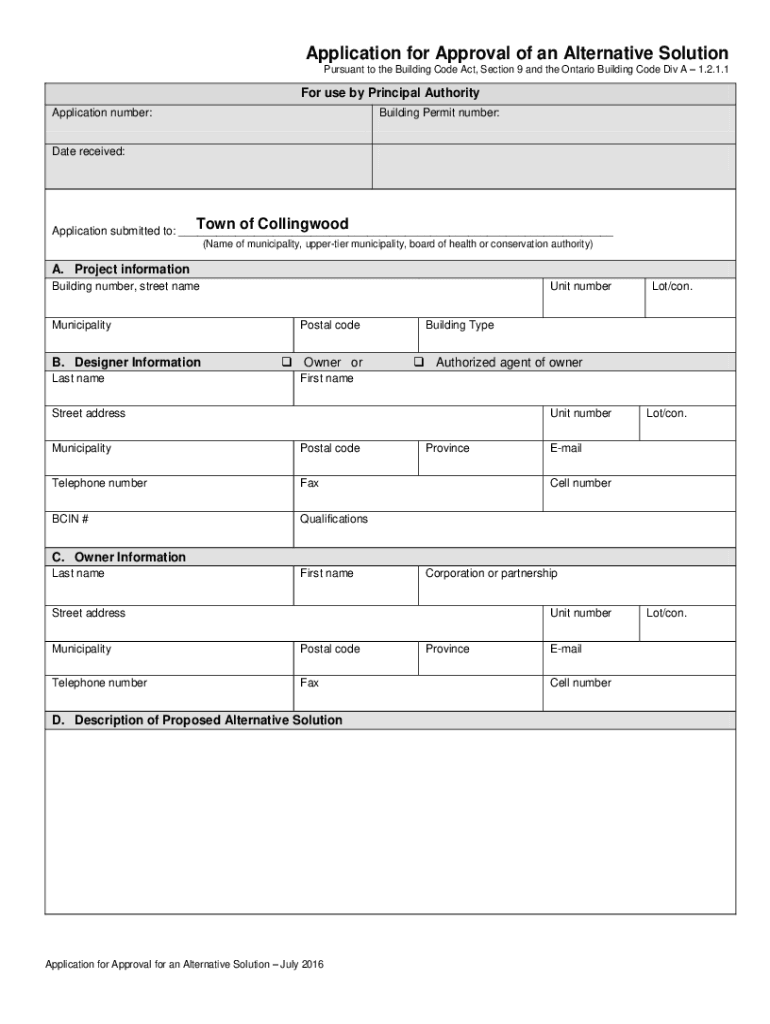 Fillable Online Application for Approval of an Alternative Solution. Alternative Solution ...