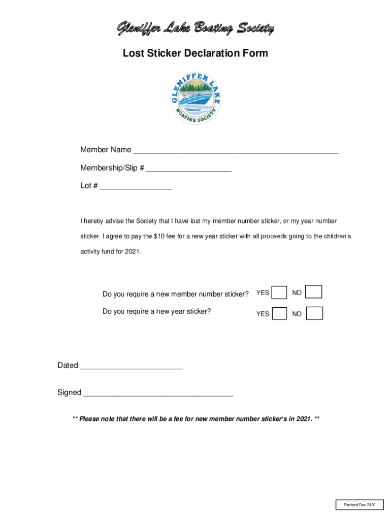 Fillable Online Lost Sticker Declaration Form Fax Email Print - pdfFiller