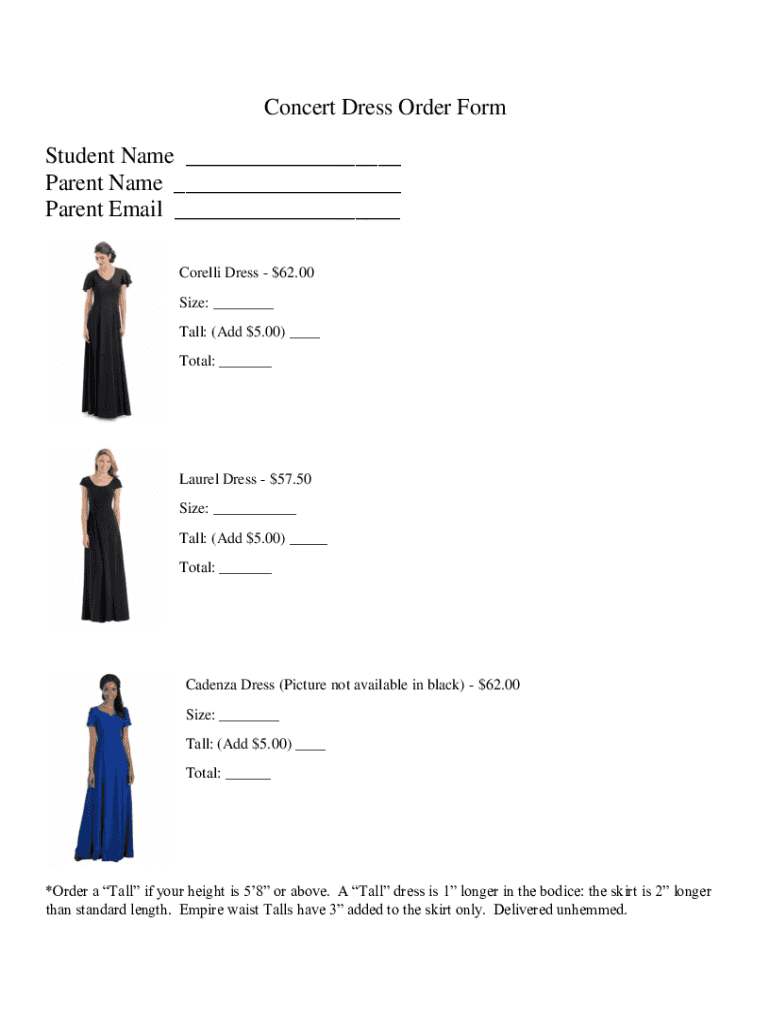 Fillable Online Concert Dress Order Form Student Name Parent Name ...