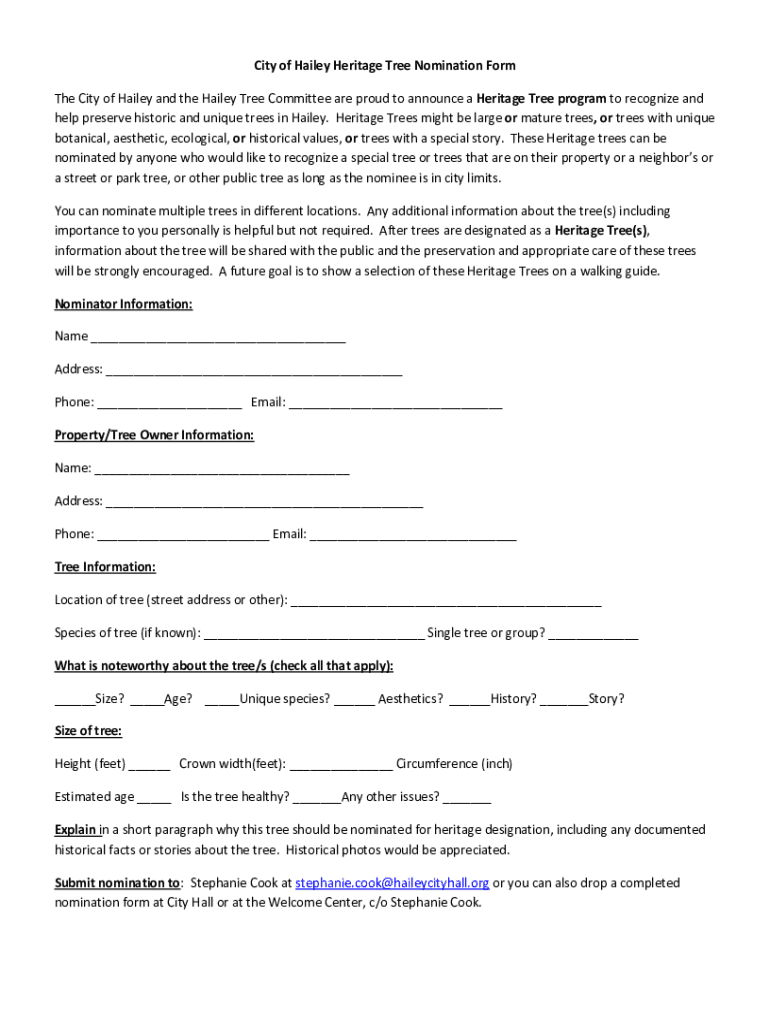 Fillable Online City of Hailey Heritage Tree Nomination Form The City ...