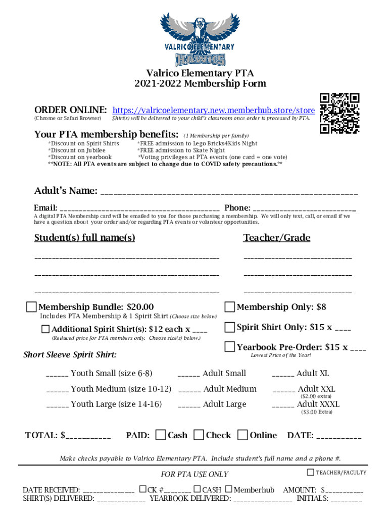 Fillable Online Valrico Elementary PTA 2021-2022 Membership Form ORDER ...