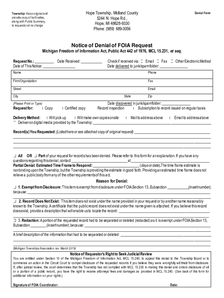 Fillable Online Notice of Denial of FOIA Request et seq - hopetwp.org ...