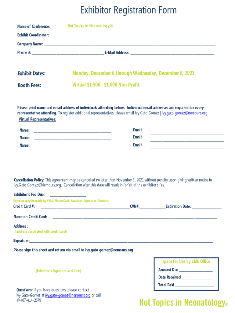Fillable Online Exhibitor Registration Form - hottopicsinneonatology ...
