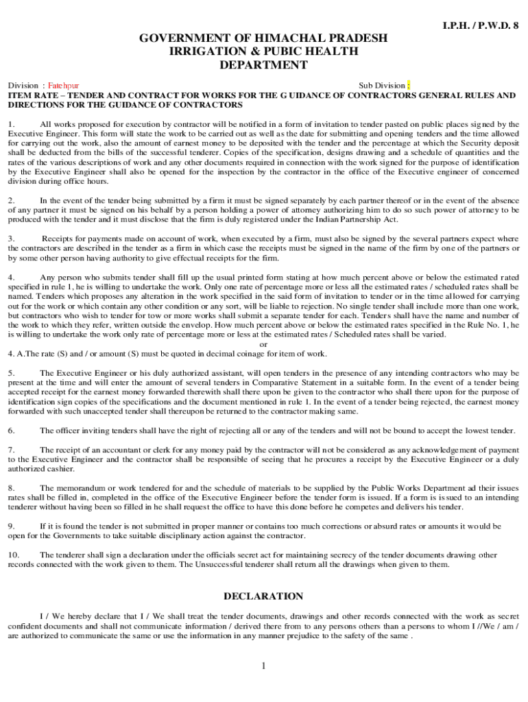 Fillable Online Fillable Online ITEM RATE TENDER AND CONTRACT FOR WORKS ...