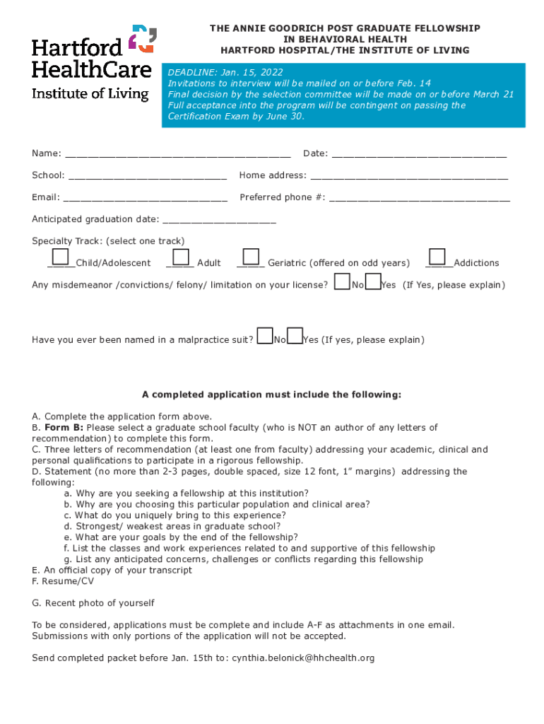 Fillable Online THE ANNIE GOODRICH POST GRADUATE FELLOWSHIP IN ...