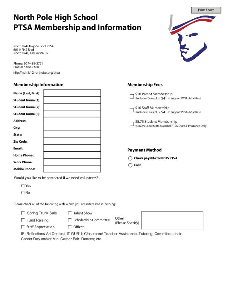 Fillable Online Alaska PTA North Pole High School PtsaNorth Pole, AK ...