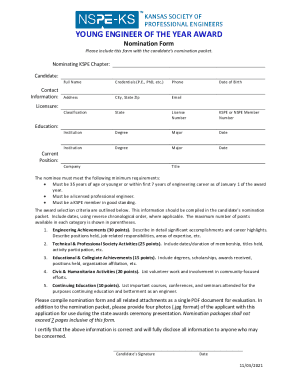 Fillable Online 2019 - Young Engineer of the Year Award Nomination Form ...