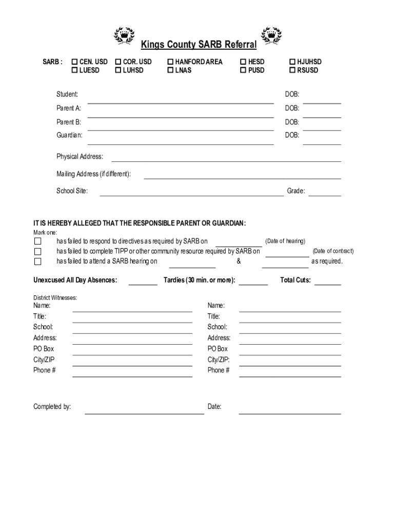 Fillable Online Fillable Online APPLICATION FOR DISTRICT SARB HEARING ...