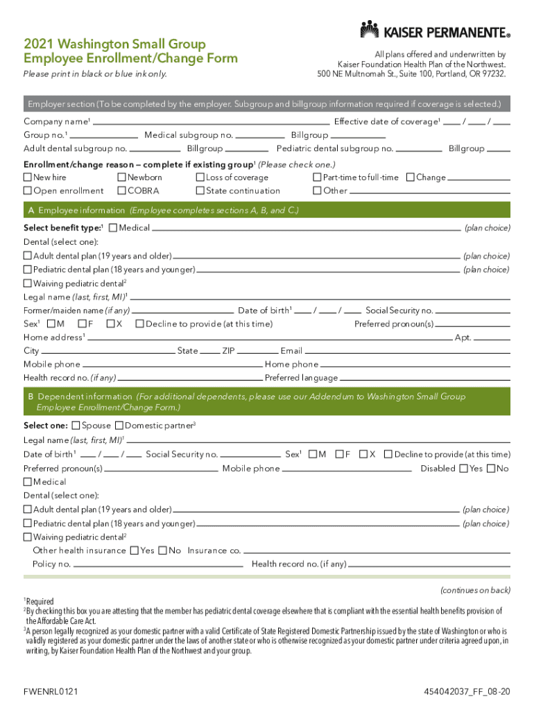Fillable Online 2021 Washington Small Group Employee Enrollment/Change Form Fax Email Print ...