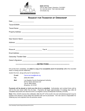 Fillable Online REQUEST FOR TRANSFER OF WNERSHIP - lacda.org Fax Email ...