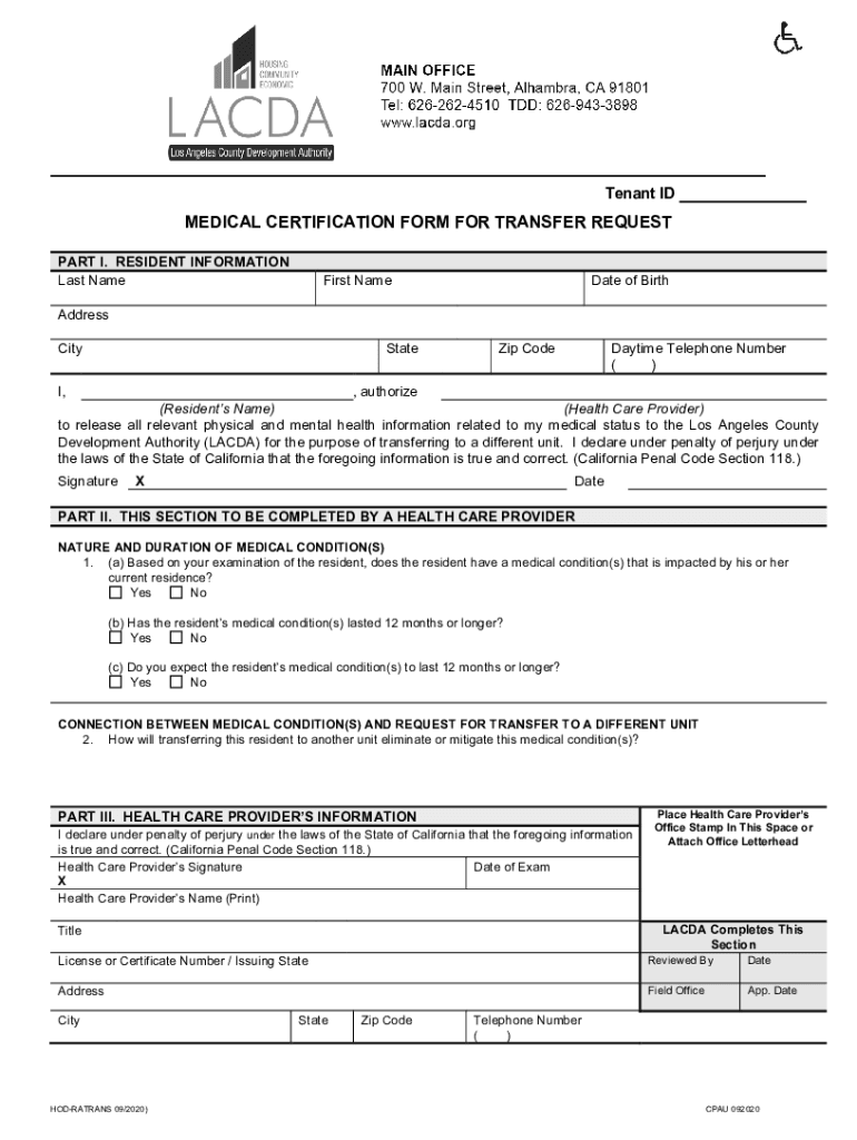 Fillable Online MEDICAL CERTIFICATION FORM FOR TRANSFER REQUEST - lacda ...