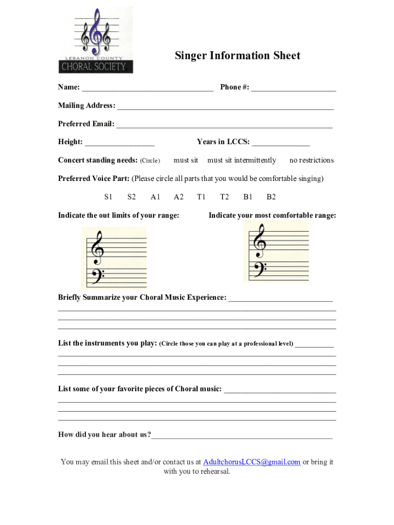 Fillable Online Singer Information Sheet.docx Fax Email Print - pdfFiller