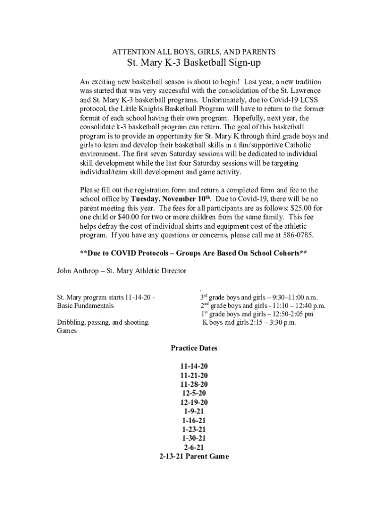 Fillable Online stmar lcss aTTENTION - St. Mary k-3 basketball sign up ...