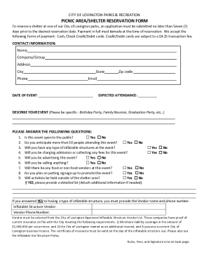 Fillable Online Fillable Online picnic area/shelter reservation form ...