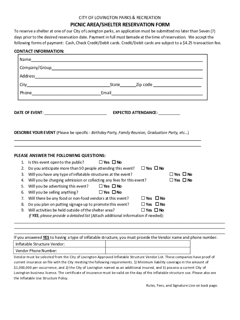 Fillable Online Fillable Online picnic area/shelter reservation form ...