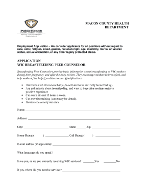 Fillable Online APPLICATION WIC BREASTFEEDING PEER COUNSELOR Fax Email Print - pdfFiller