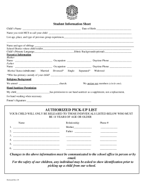 Fillable Online Student Information Sheet - Messiah Christian School Fax Email Print - pdfFiller