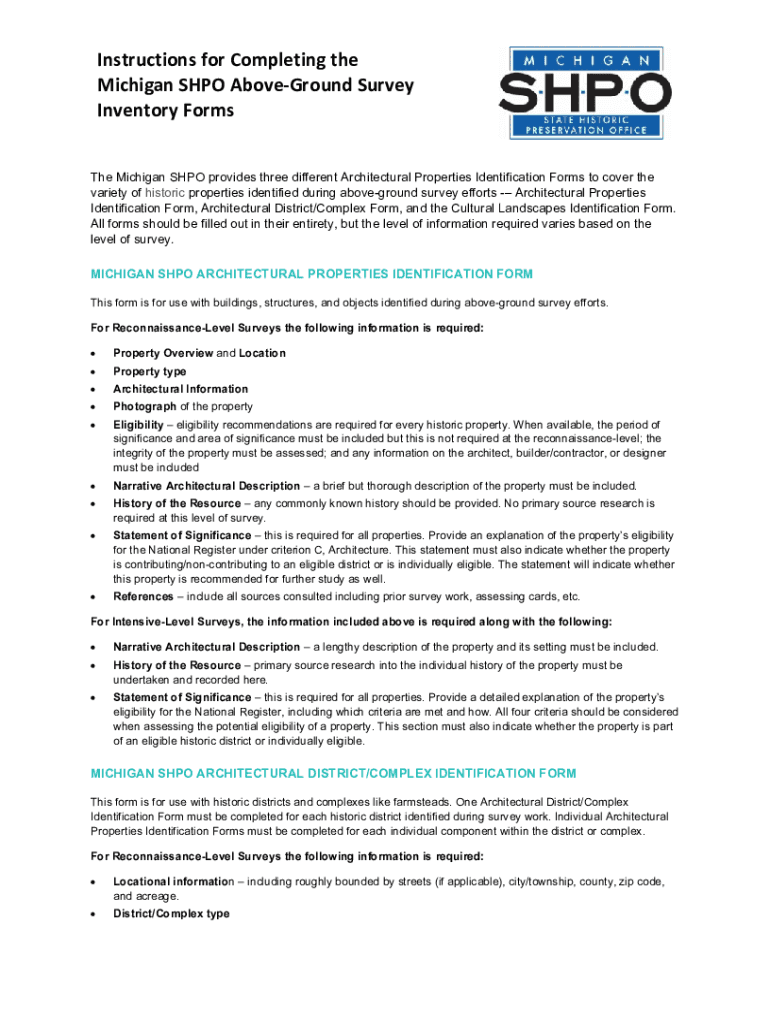 Fillable Online Instructions for Completing the Michigan SHPO Above ...